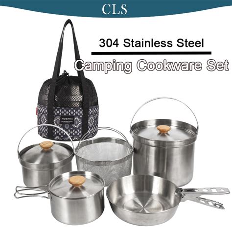 스테인레스 스틸 캠핑 조리기구 야외 초경량 휴대용 냄비 프라이팬 세트 접이식 손잡이 피크닉 하이킹 요리 식기 Aliexpress