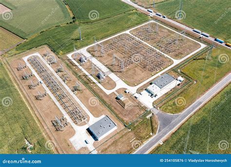 Electrical Distribution Substation Power Lines Aerial View Stock