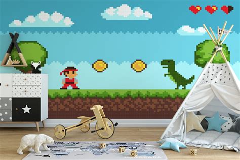 Pixel Art Oyun Seviye Platformu Dinozorlu Duvar Kağıdı Klasik 8 Bit
