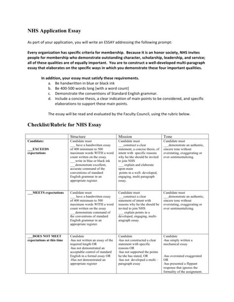 Nhs Application Essay Guide And Rubric