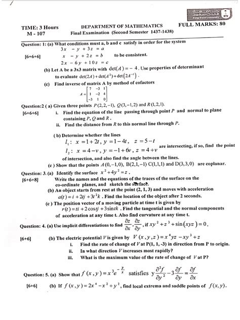 Answer Sheet Final Exam Math107 Second Semester 1437 1438h Pdf