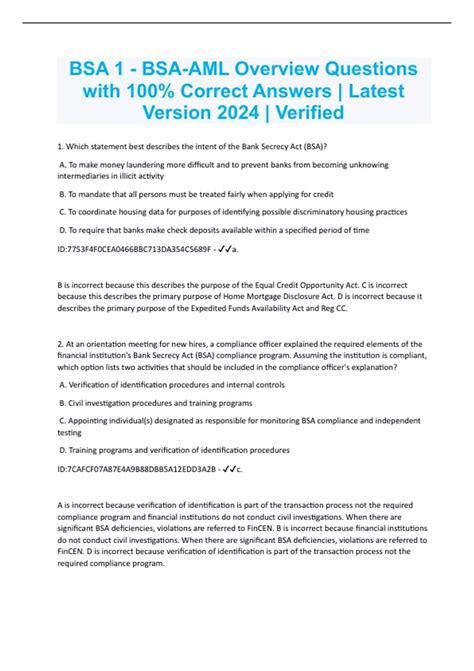BSA BSA AML Overview Questions With Correct Answers Latest Version Verified