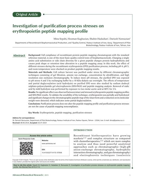 Pdf Investigation Of Purification Process Stresses On Erythropoietin