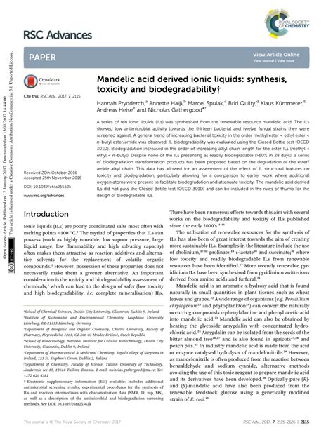 Pdf Mandelic Acid Derived Ionic Liquids Synthesis Toxicity And