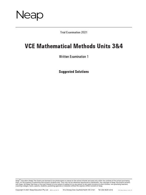 Vce Mathematical Methods Units 3and4 Exam 1 Suggested Solutions Booklet 2021 Pdf Copyright Law