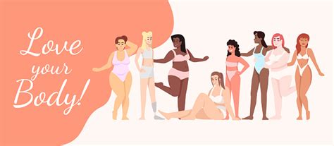 당신의 몸 플랫 포스터 벡터 템플릿을 사랑해요 흰색과 오렌지에 수영복 만화 캐릭터를 입고 여성 미소 짓는 숙녀 배너 브로셔 페이지 텍스트 장소가있는 전단지 디자인 레이아웃