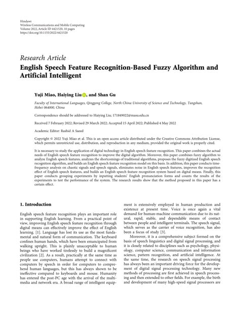 Pdf English Speech Feature Recognition Based Fuzzy Algorithm And Artificial Intelligent