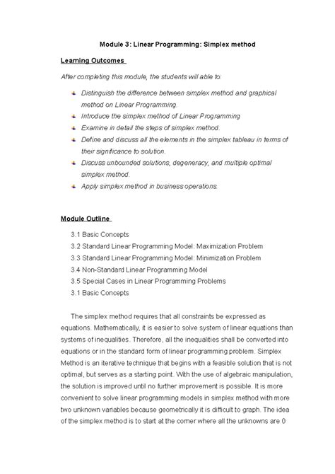 Module 3 Linear Programming Simplex Method Module 3 Linear Programming Simplex Method
