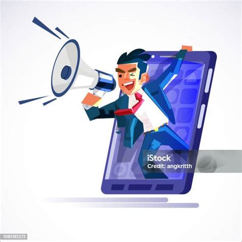 확성기로 외치는 큰 스마트폰에서 사업입니다 온라인 사업을 발표 또는 프레 젠 테이 션벡터 남자 사업가에 대한 스톡 벡터 아트 및 기타 이미지 Istock
