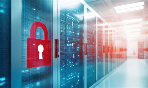 Server Room With A Large Red Padlock Graphic Emphasizing Digital Data