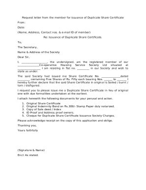 Request Letter Duplicate Share CertificateSoiled Burnt Doc Template