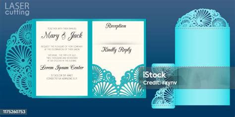 해양 스타일 벡터에서 레이저 컷 웨딩 초대 카드 템플릿 조개 모양의 다이 컷 트라이 폴드 포켓 봉투 인사말 카드 초대장 메뉴에 적합합니다 봉투에 대한 스톡 벡터 아트 및