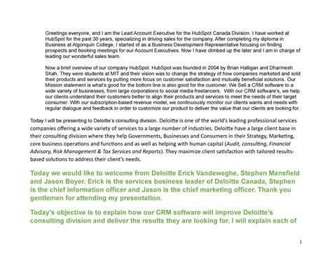 Sales Project Script Greetings Everyone And I Am The Lead Account Executive For The Hubspot
