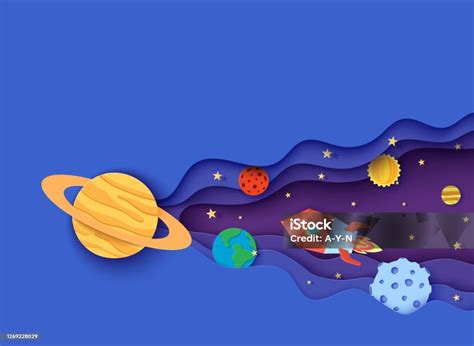 빨간 로켓과 행성이 종이 컷 스타일로 공간 행성 지구 태양 수성 토성 달 목성 및 우주선 발사 지발 예술과 3d 우주 추상적 인 배경을 잘라 벡터 카드 카드보드에 대한 스톡