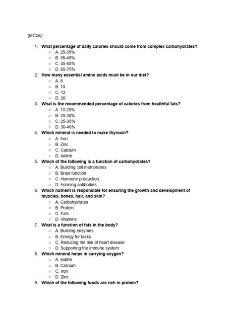 Mcqsmyp2unit1foodandnutrition Pdf