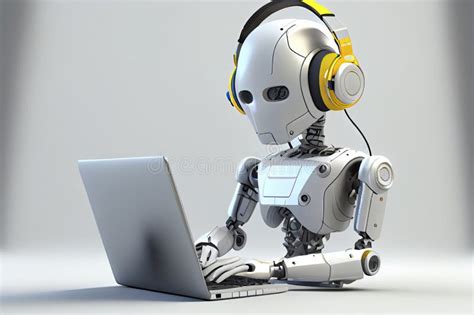 3d Rendering Humanoid Robot Working With Headset And Notebook Stock