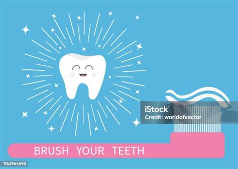 양치질을 하십시오 치아 아이콘입니다 치약이있는 큰 칫솔 둥근 선 빛나는 원 반짝 반짝 별 귀여운 만화 웃는 캐릭터입니다 구강 치과 위생 의료 아기 배경입니다 플랫 디자인 0