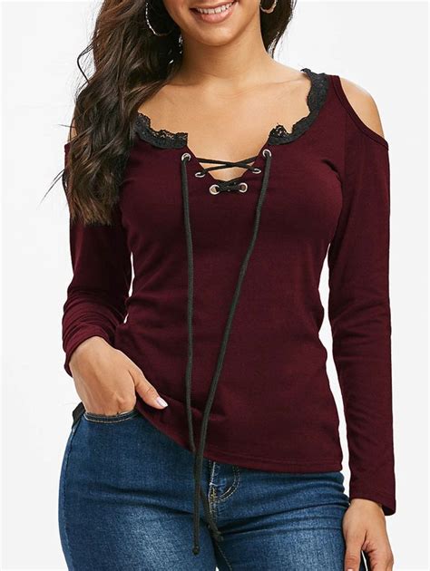 Lace Panel Cold Shoulder Lace Up T Shirt Lace Up T Shirt Cold