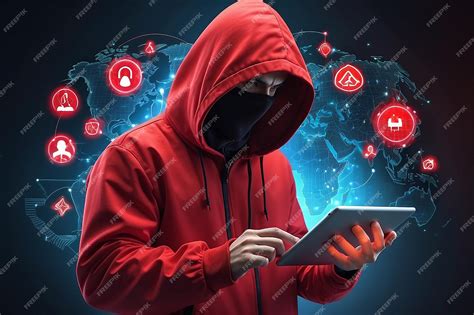 premium photo hooded man hacker finger touch tablet in hand double