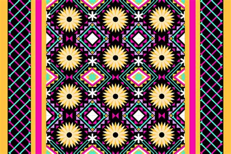 벽지 배경 직물 커튼 카펫 의류 및 포장을위한 다채로운 기하학적 민족 이음새가 없는 패턴 디자인 꽃 식물에 대한 스톡 벡터 아트