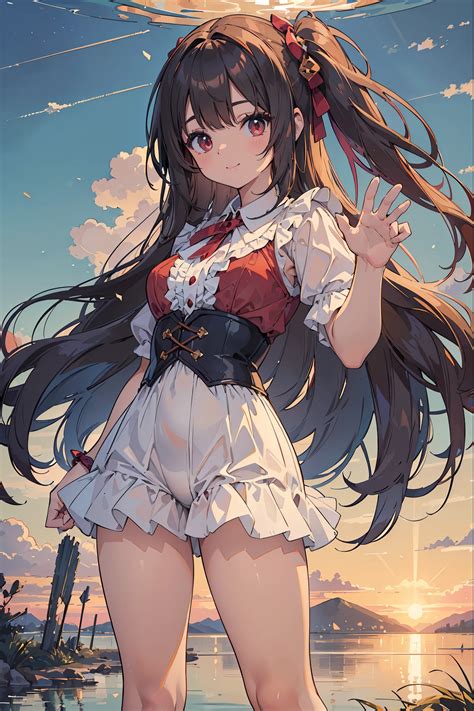 긴 머리카락을 가진 애니메이션 소녀가 빨간색 상의를 입고 물가에 서 있다 Seaart Ai