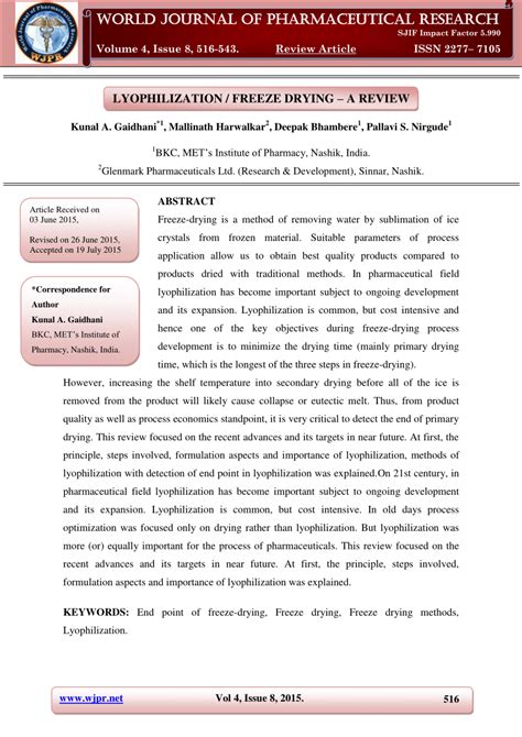 Pdf Lyophilization Freeze Drying A Review