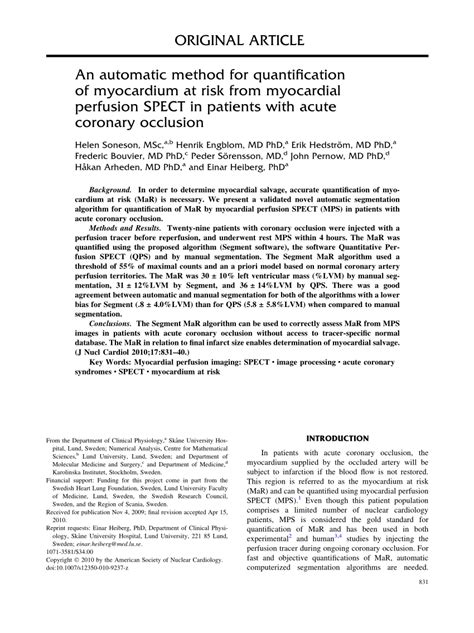 Pdf Automatic Quantification Of Myocardial Perfusion Spect Defects In Patients With Acute
