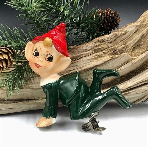 Vintage Ceramic Pixie Elf Christmas Ornament Japan Clip On Etsy