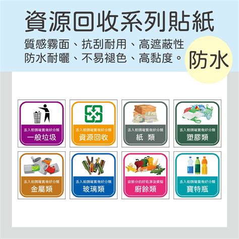 一般垃圾 資源回收 紙類回收 塑膠回收 金屬回收 玻璃回收 廚餘回收 寶特瓶回收 抗刮耐用 防水耐曬 防水貼紙 蝦皮購物
