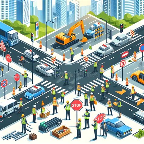 Ai Illustration Generated Traffic Professionals Managing Road Safety In A Vector Cartoon Style