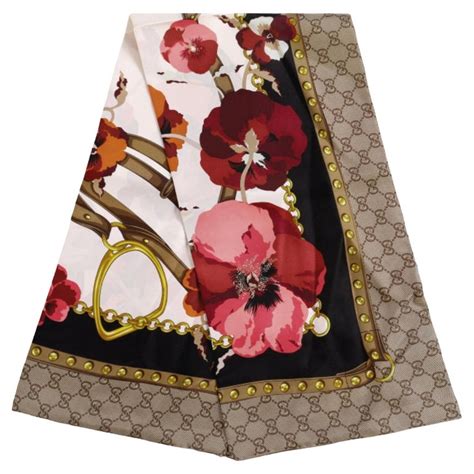 New Gucci Brown Red Floral Monogram Gg Guccissima Panshie Silk Square Scarf For Sale At 1stdibs