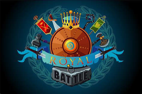 비디오 게임 벡터 기호입니다 무기 및 골동품 장비 게임 대회에 대 한 로얄 매직 엠 블 럼 판타지 요소와 수평 배너입니다 만화 스타일입니다 경기 스포츠에 대한 스톡 벡터