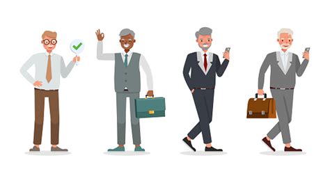 사무실 캐릭터 벡터 디자인에서 일하는 오래된 사업가 다양한 액션으로 프리젠 테이션 개념에 대한 스톡 벡터 아트 및 기타 이미지 개념 경영자 기업 비즈니스 Istock