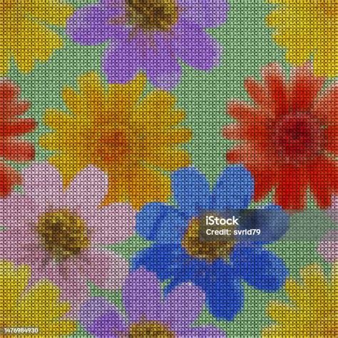 그림 크로스 스티치 코스모스 금잔화 금송화 꽃 꽃 배경 콜라주입니다 꽃의 질감입니다 원활한 패턴 꽃에서 구성 자수 개화기에 대한 스톡 벡터 아트 및 기타 이미지 Istock
