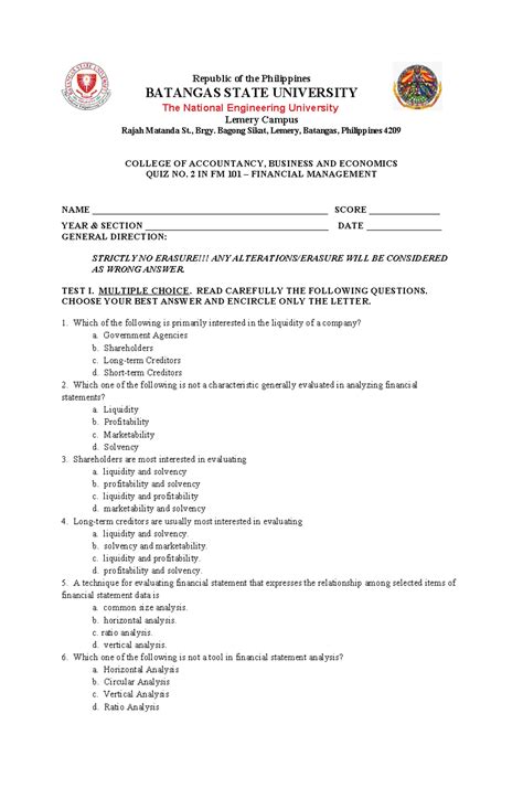Revised Quiz No Republic Of The Philippines Batangas State University