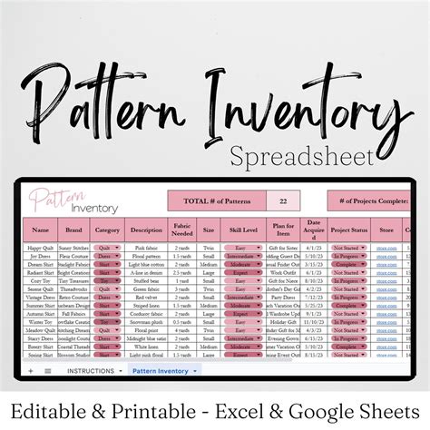 Pattern Inventory Tracker Spreadsheet Template Pattern Organizer Craft Organization Sewing