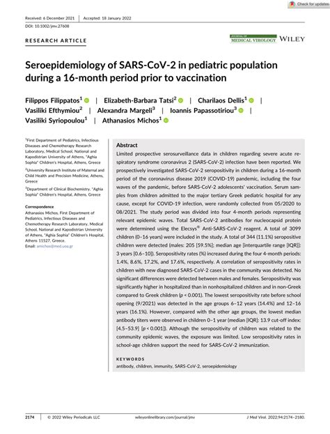 Pdf Seroepidemiology Of Sars‐cov‐2 In Pediatric Population During A 16‐month Period Prior To