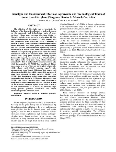 Pdf Genotype And Environment Effects On Agronomic And Technological Traits Of Some Sweet