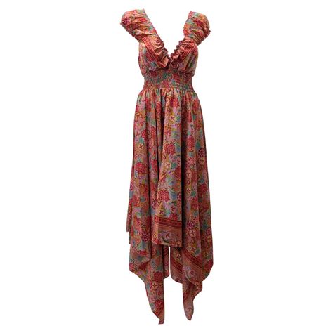Recycled Sari Maxi Dress Boho Rayon V Neck Handkerchief Hem Etsy