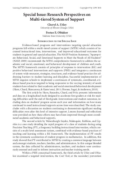 Pdf Special Issue Research Perspectives On Multi Tiered System Of Support Cheryl 6 Utley
