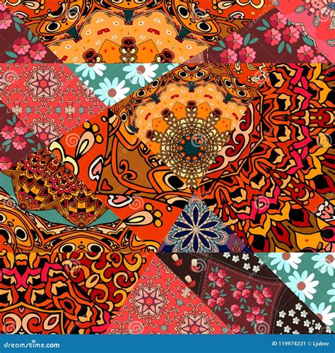 Festive Patchwork Pattern In Indian Style With Flower Mandala Daisies And Abstract Prints