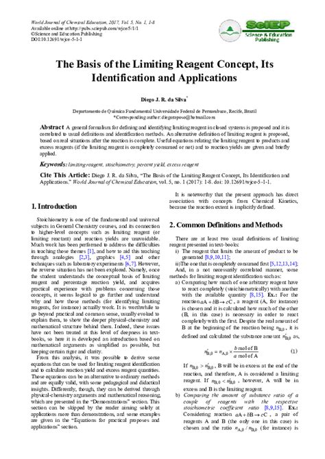 Pdf The Basis Of The Limiting Reagent Concept Its Identification And Applications