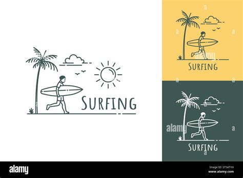 Simple Illustration Of Surfer Running With Surfboard On Tropical Beach With Text Surfing Stock