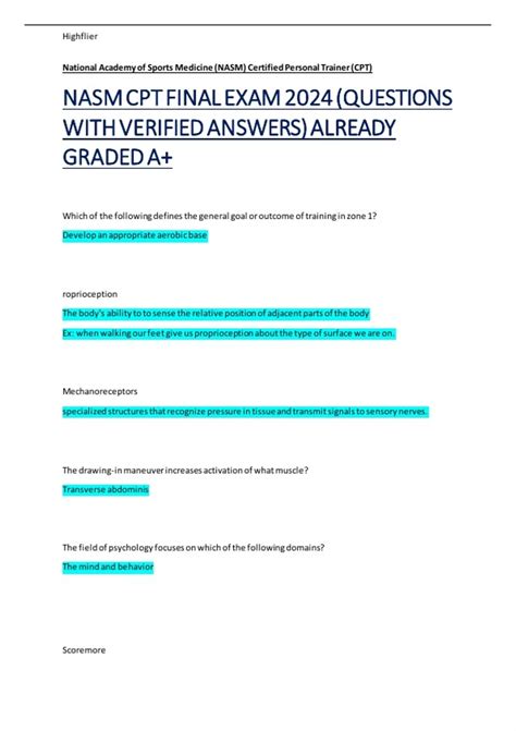 NASM CPT FINAL EXAM QUESTIONS WITH VERIFIED ANSWERS ALREADY GRADED A NASM CPT Stuvia US