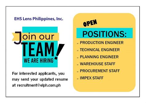 Job Hiring Ehs Lens Peso Santo Tomas Batangas