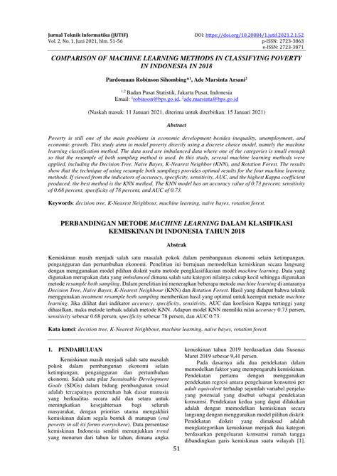 Pdf Comparison Of Machine Learning Methods In Classifying Poverty In Indonesia