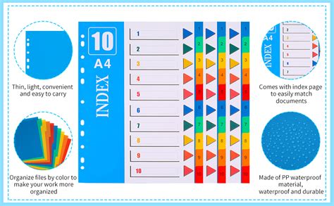Xialvyu 5 Pack 10 Part Folder Dividers File Dividers A4 Dividers For Lever Arch Files Plastic
