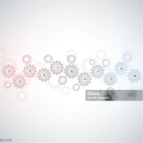 인포그래픽 요소와 플랫 아이콘이 있는 정보 기술 톱니바퀴 및 기어 휠 메커니즘 하이테크 디지털 기술 및 엔지니어링 추상적 인 기술적 배경 0명에 대한 스톡 벡터 아트 및