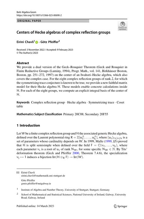 Pdf Centers Of Hecke Algebras Of Complex Reflection Groups