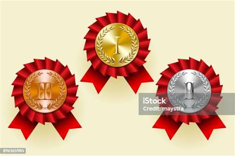 골드 실버 및 브론즈 라운드 월계관 화 환 및 빨간 리본 메달 3 명에 대한 스톡 벡터 아트 및 기타 이미지 3 명 3위 강철 Istock